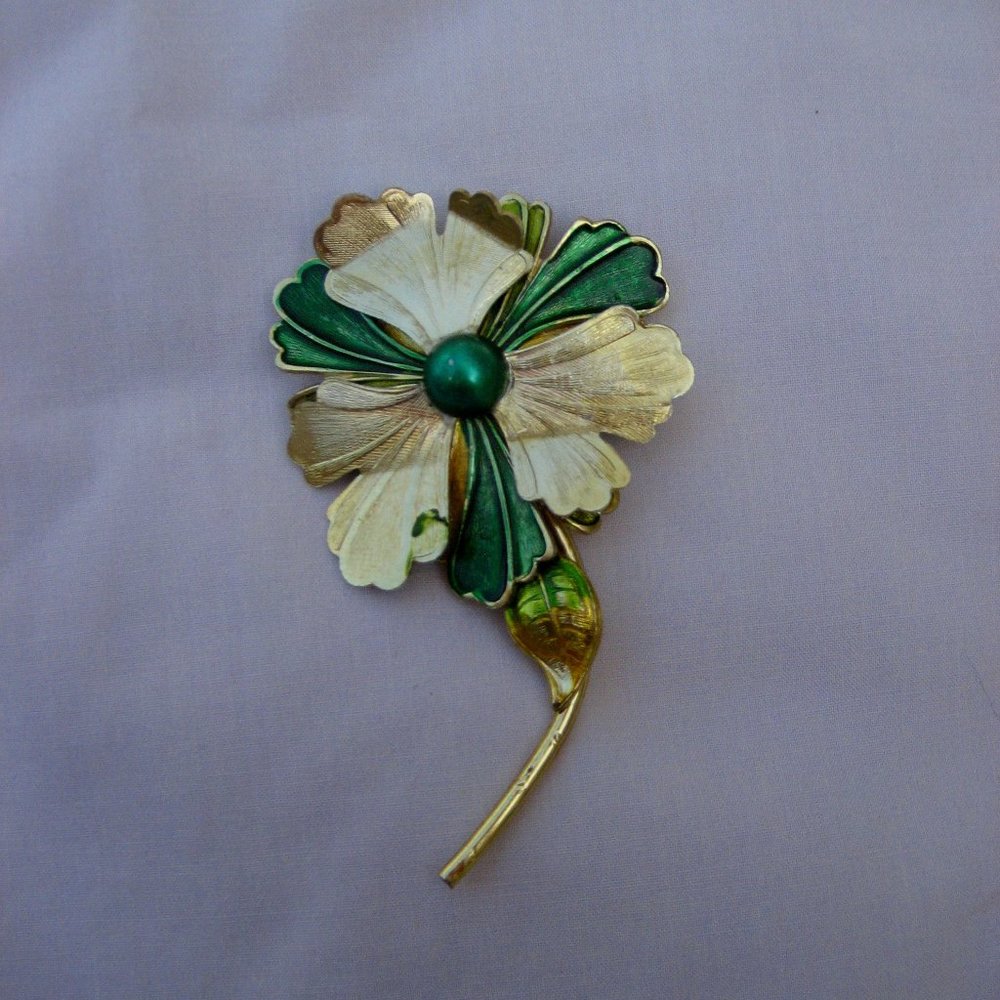 Old West German Large Metal Flower Brooch - Gem